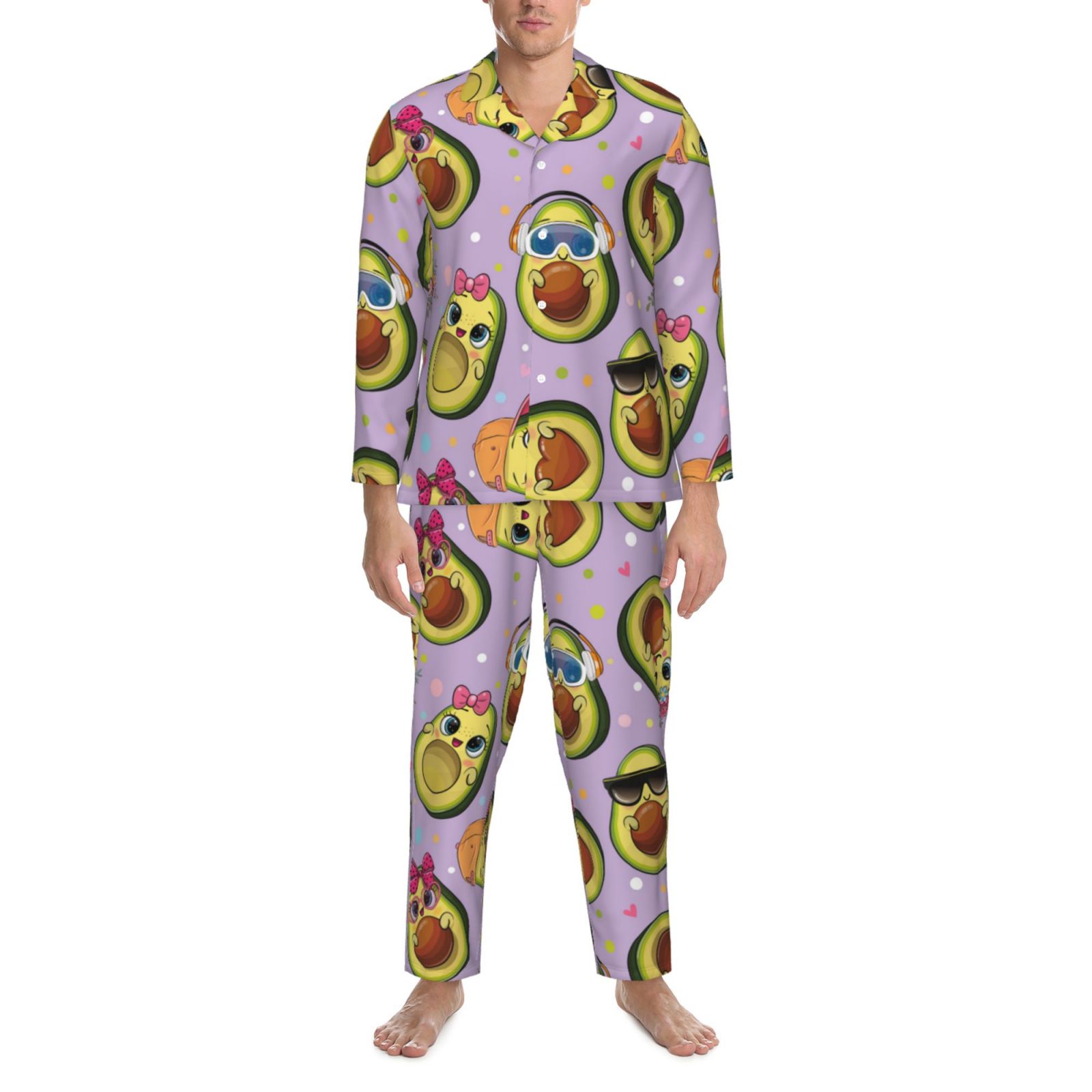 Mens Pajamas Set - Cute cartoon avocado Soft Comfy Long Sleeve Button ...