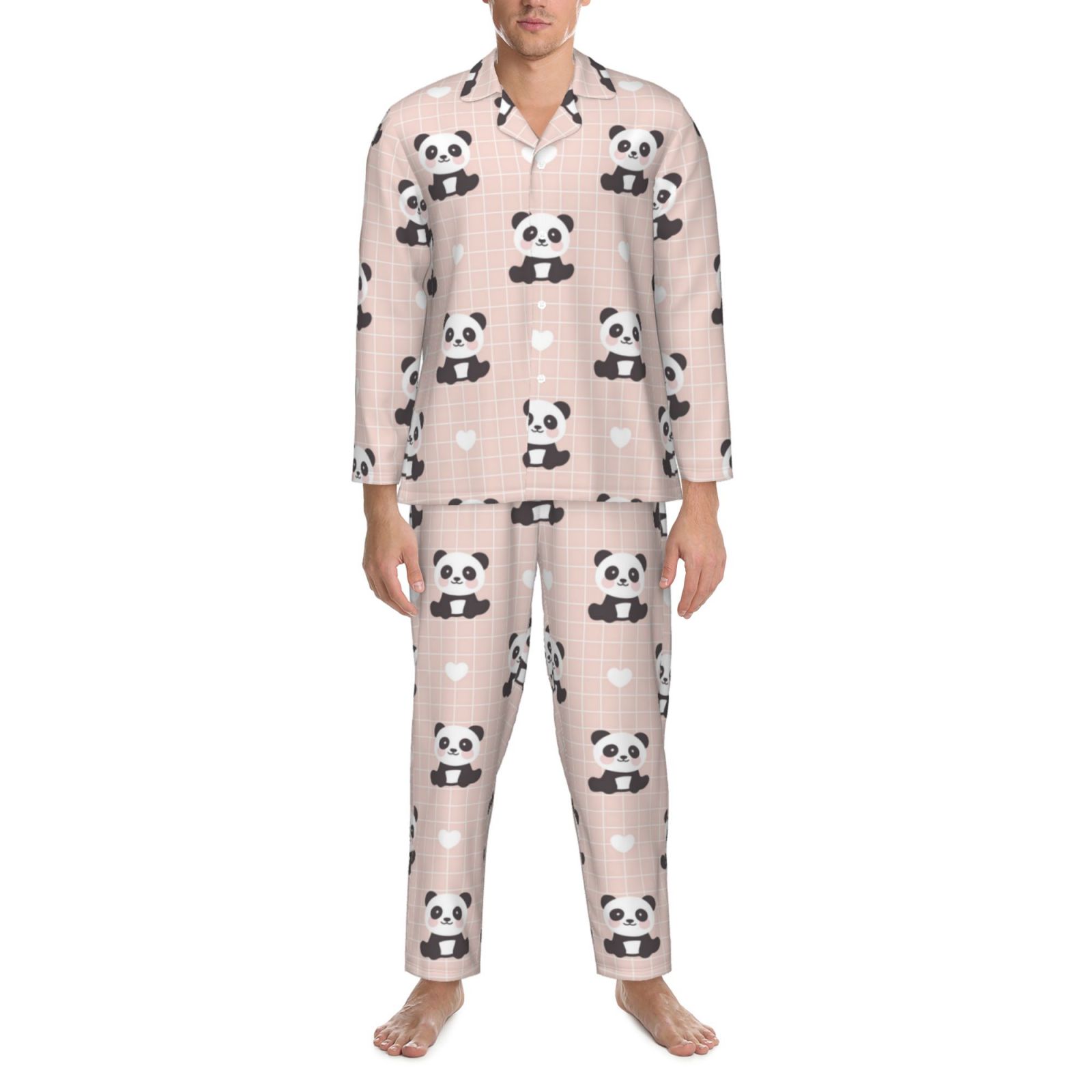 Mens Pajamas Set, Cute panda print A Button-Down Pajamas for Men Long ...