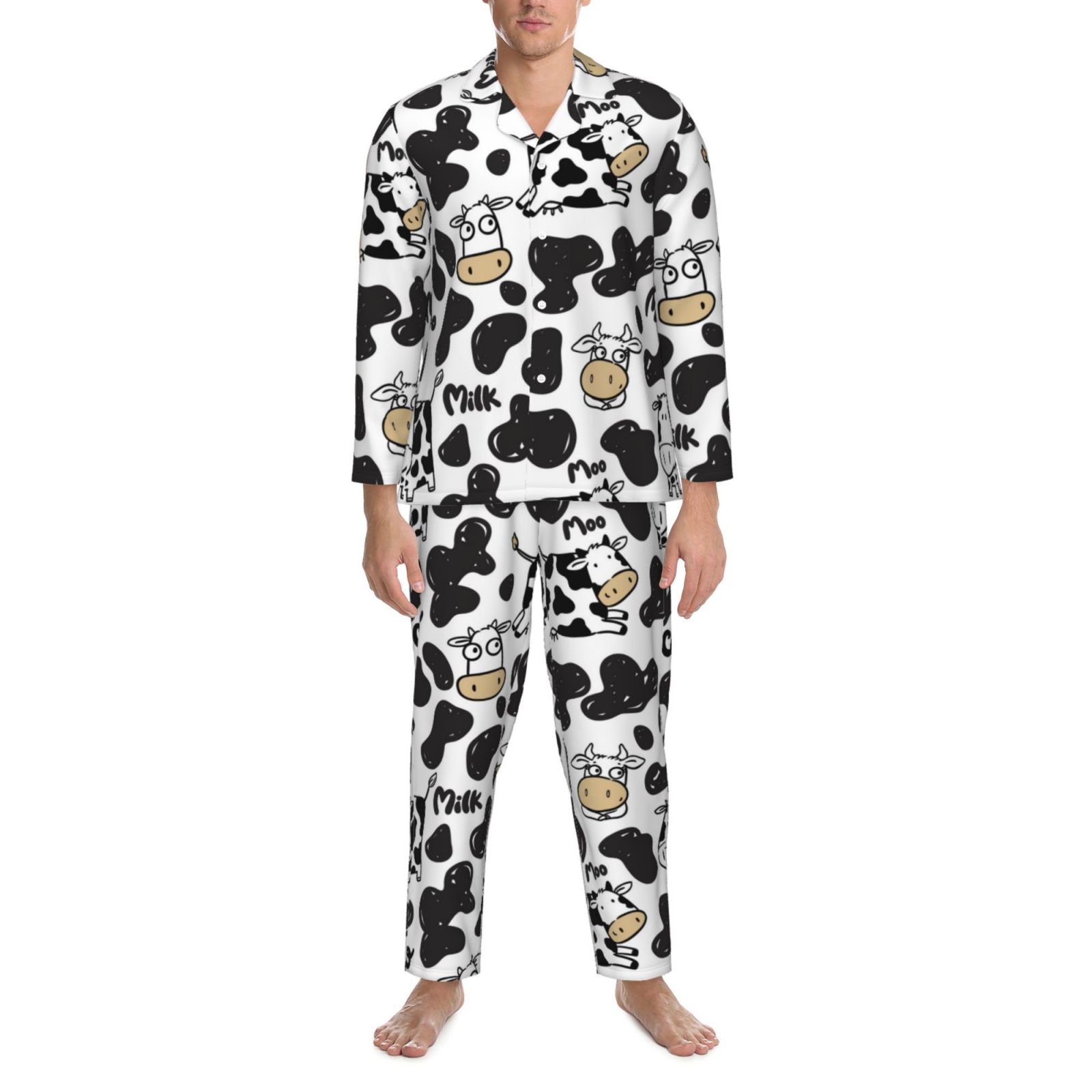 Mens Pajamas Set, Edgy Cartoon Cute Cow Black White Button-Down Pajamas ...