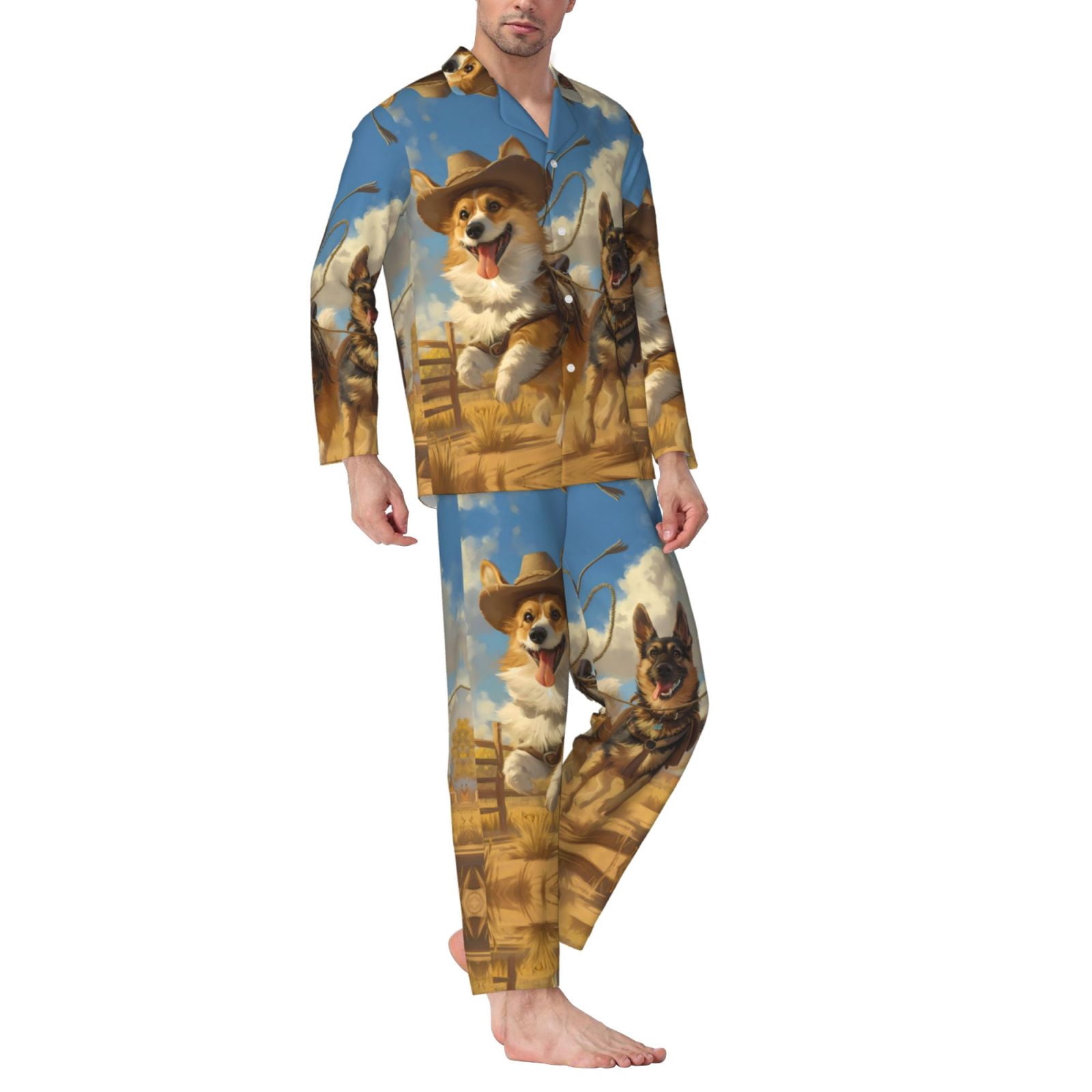 Mens Pajamas Set - Farm Corgi German Shepherd Comfy Long Sleeve Button ...