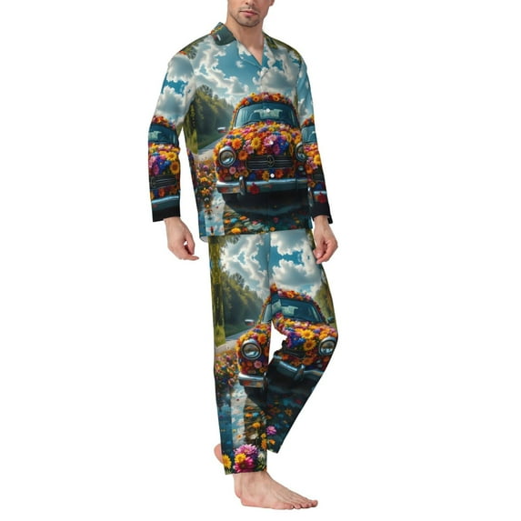 Mens Pajamas Set - Flower Covered Vintage Car Comfy Long Sleeve Button Up Pajama Sets for Men 2 ...