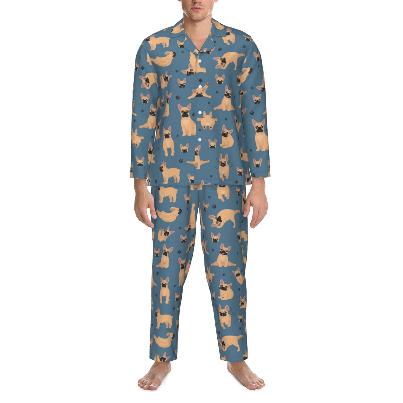 Mens Pajamas Set, French Bulldog Yoga Button-Down Pajamas for Men Long ...