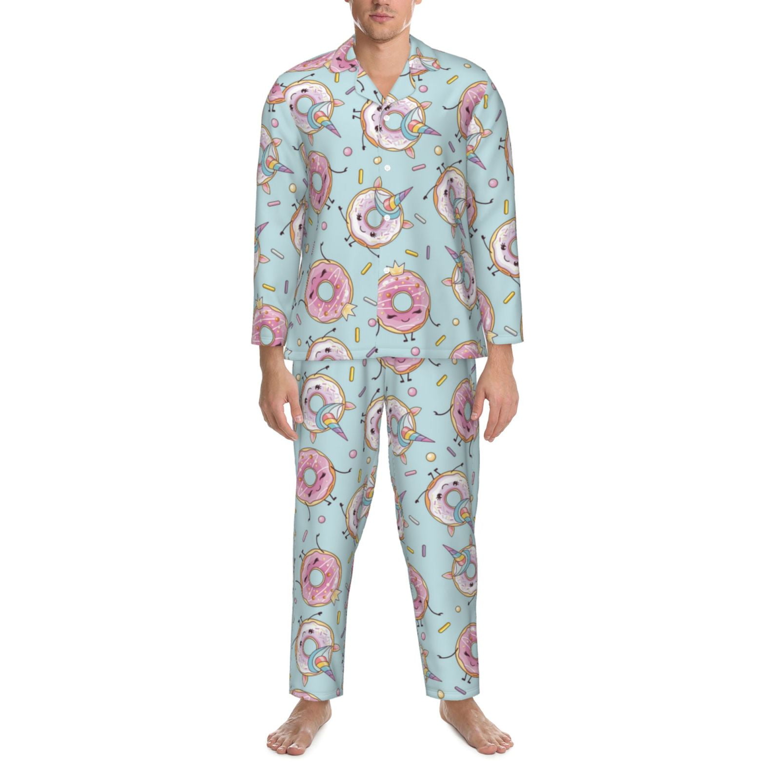 Mens Pajamas Set, Funny Cartoon Donut Print Button Down Long Sleeve ...