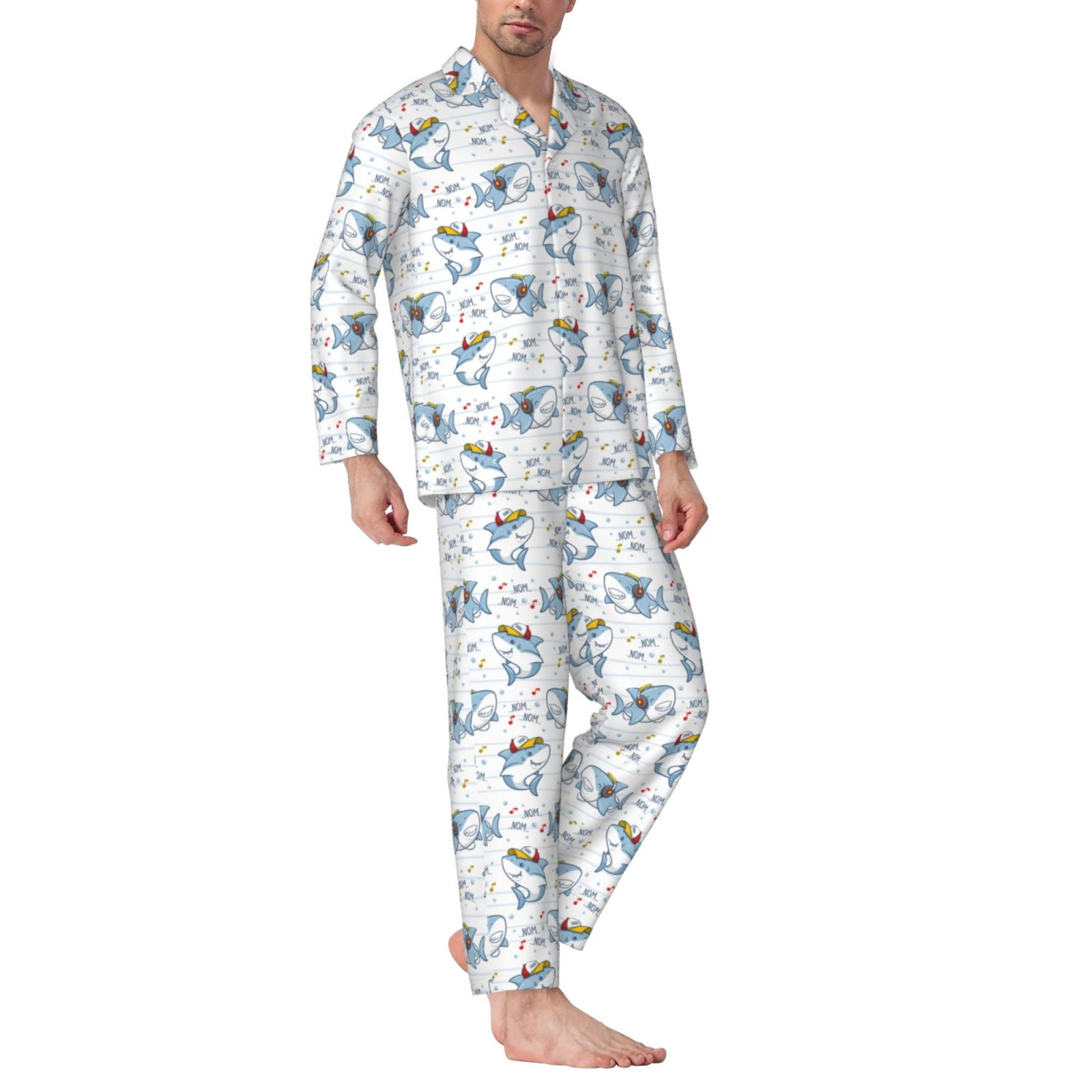 Mens Pajamas Set - Funny Cartoon Shark Happy Comfy Long Sleeve Button ...