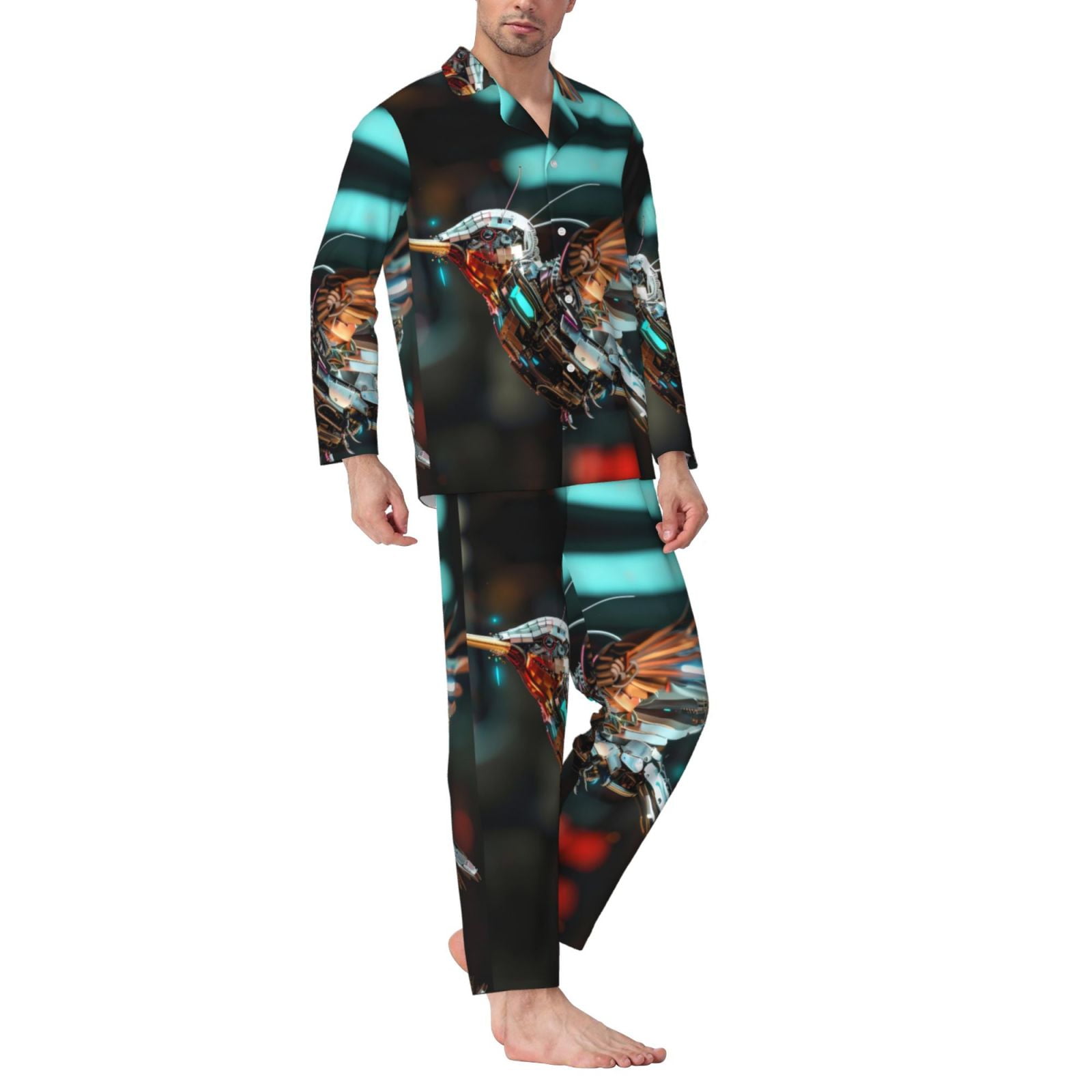 Mens Pajamas Set - Futuristic Robot Hummingbird Comfy Long Sleeve ...