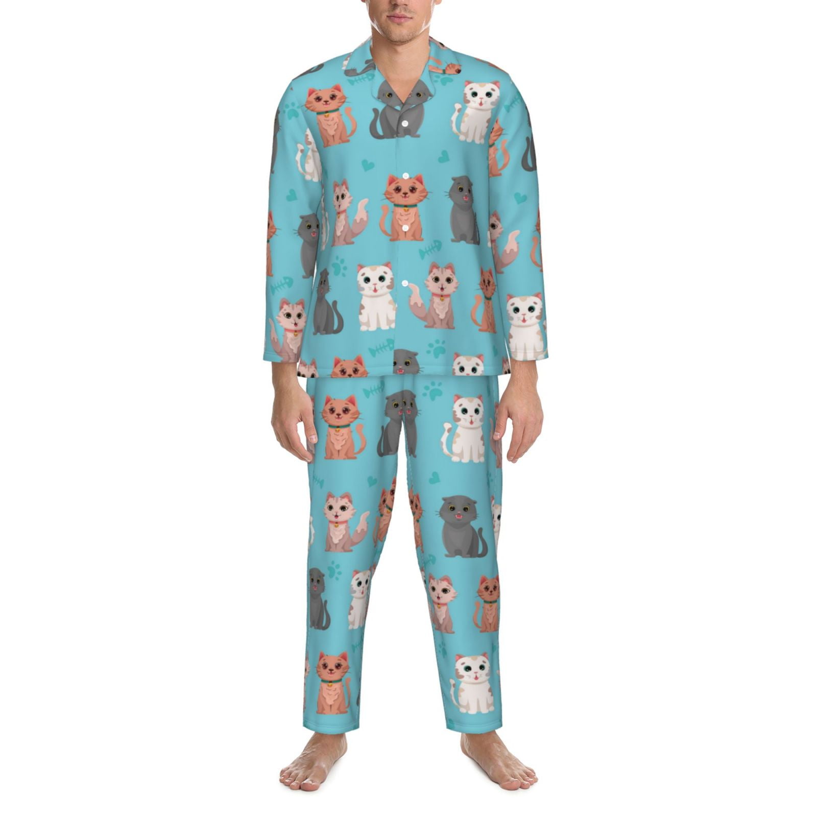 Mens Pajamas Set, Glamorous Cute Cartoon Cat Button Down Long Sleeve ...