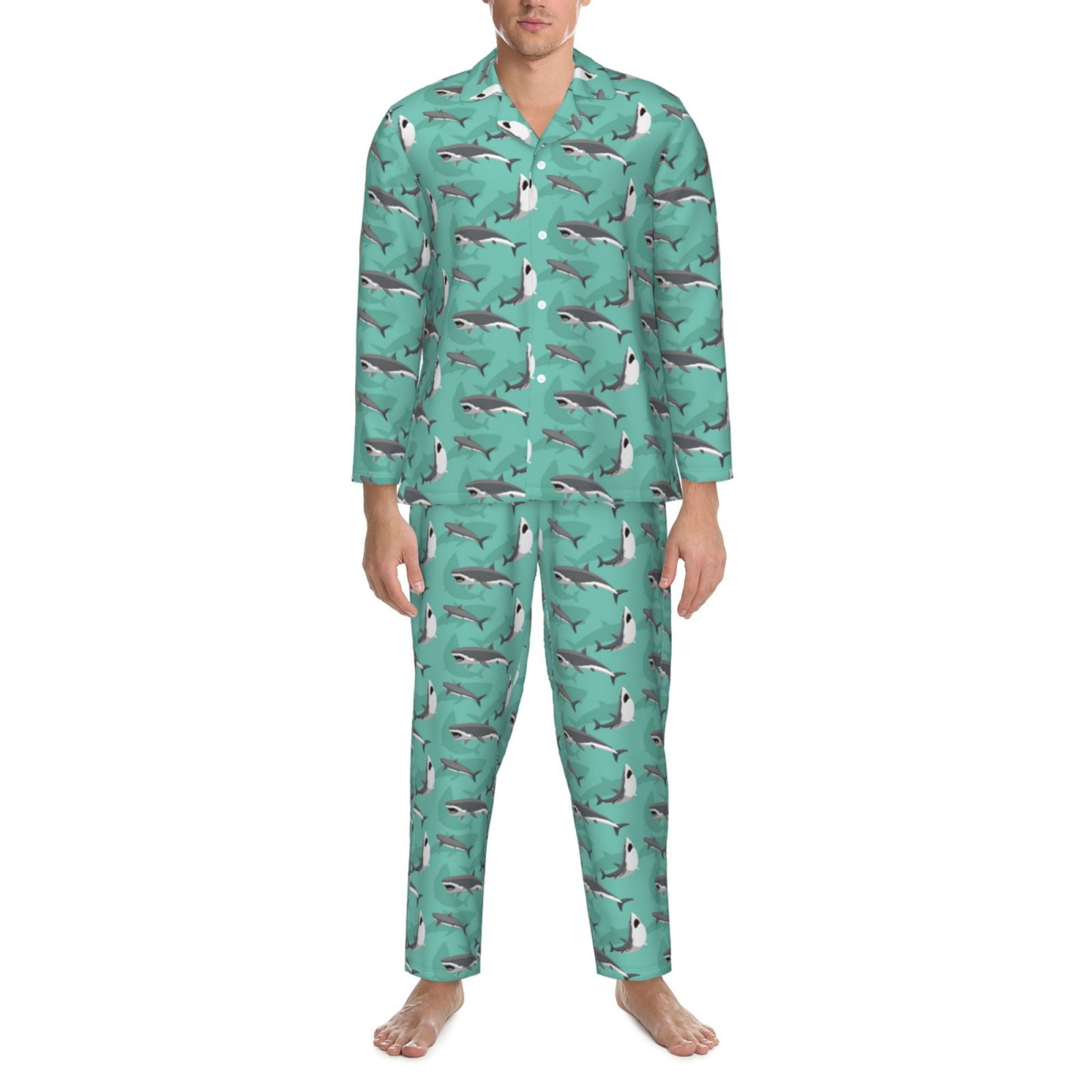 Mens Pajamas Set - Great White Shark Comfy Long Sleeve Button Up Pajama ...