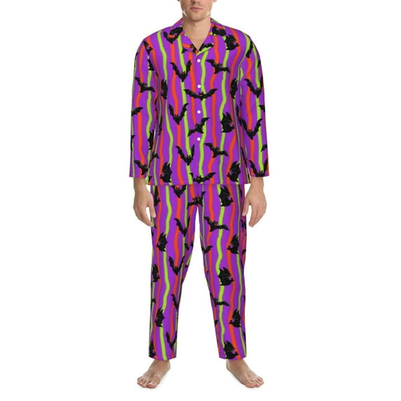 Mens Pajamas Set - Halloween Bats Pattern Soft Comfy Long Sleeve Button ...