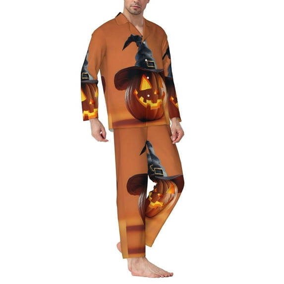 Mens Pajamas Set - Halloween Witch Hat Pumpkin Cute Comfy Long Sleeve Button Up Pajama Sets for ...
