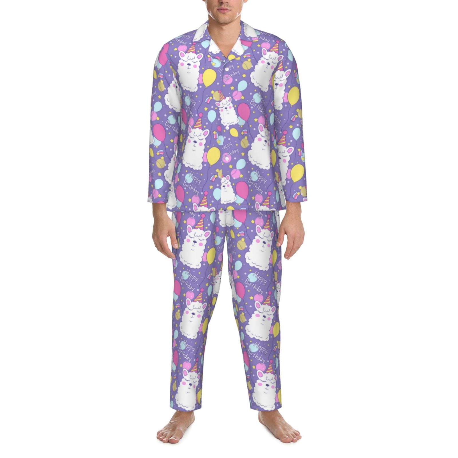 Mens Pajamas Set - Happy Birthday Alpaca Balloon Soft Comfy Long Sleeve ...
