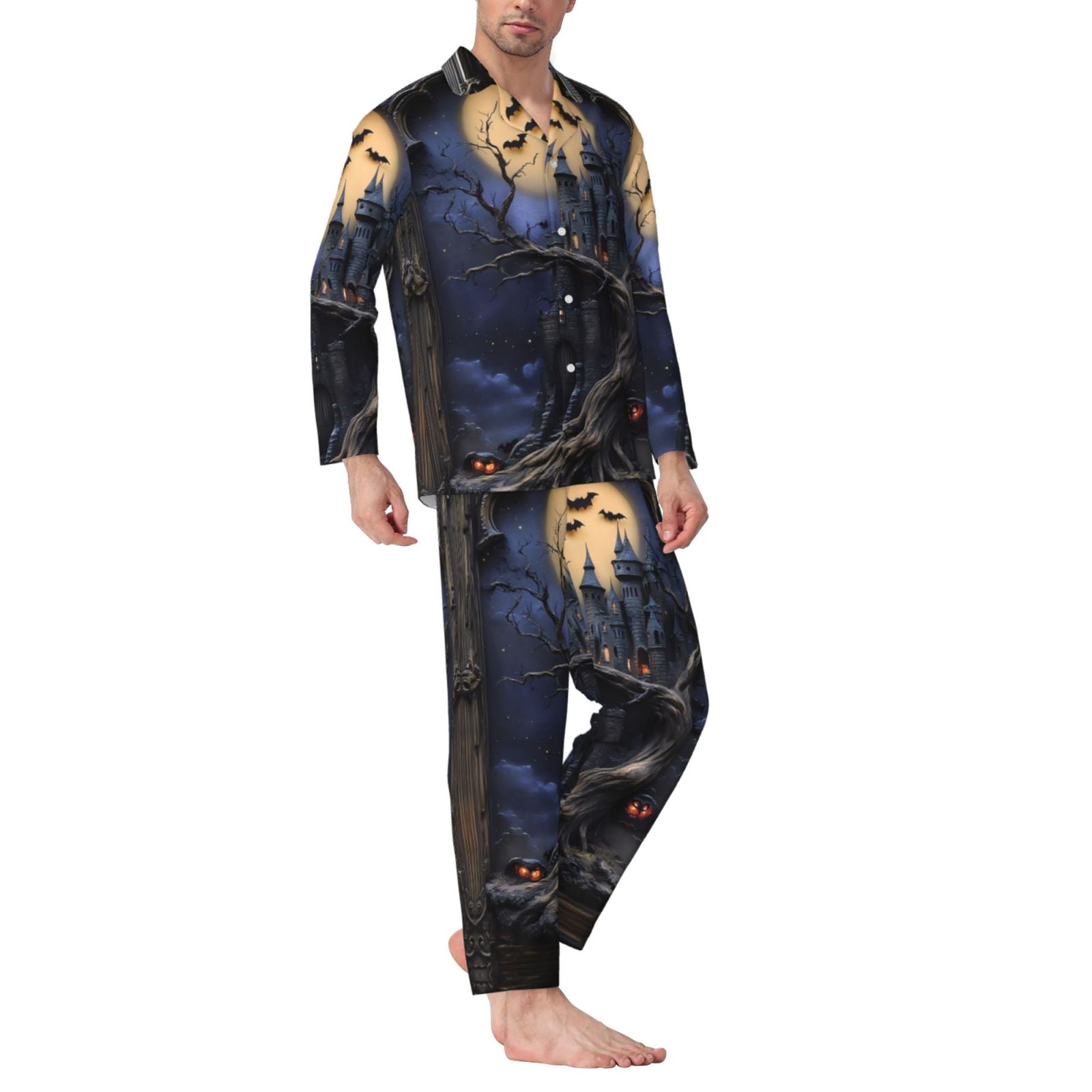 Mens Pajamas Set - Haunted Castle Under Moon Comfy Long Sleeve Button ...