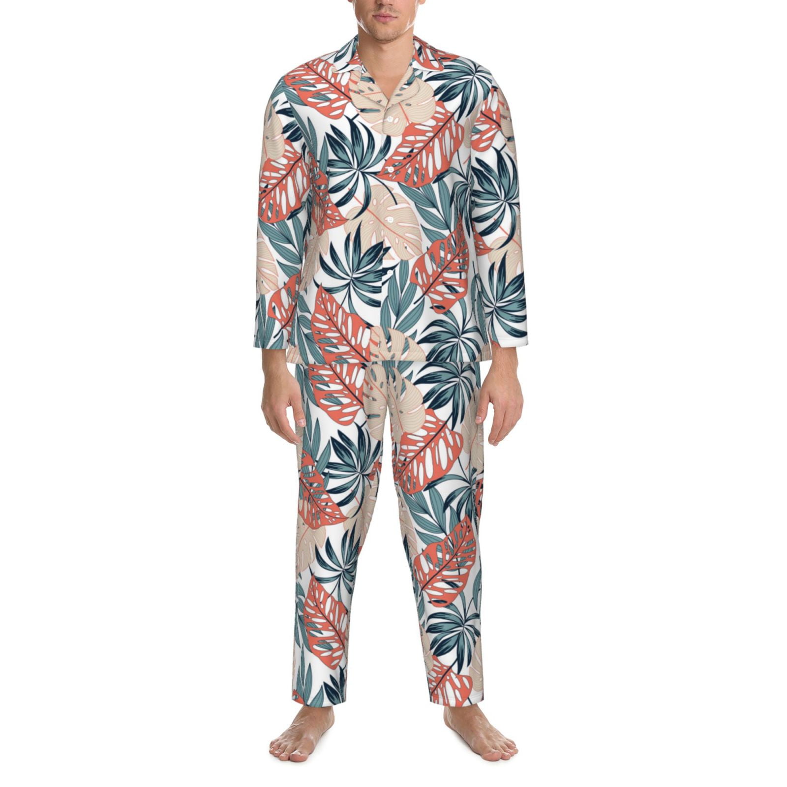 Mens Pajamas Set - Hawaiian Style Big Leaes Soft Notched Collar Pajamas ...