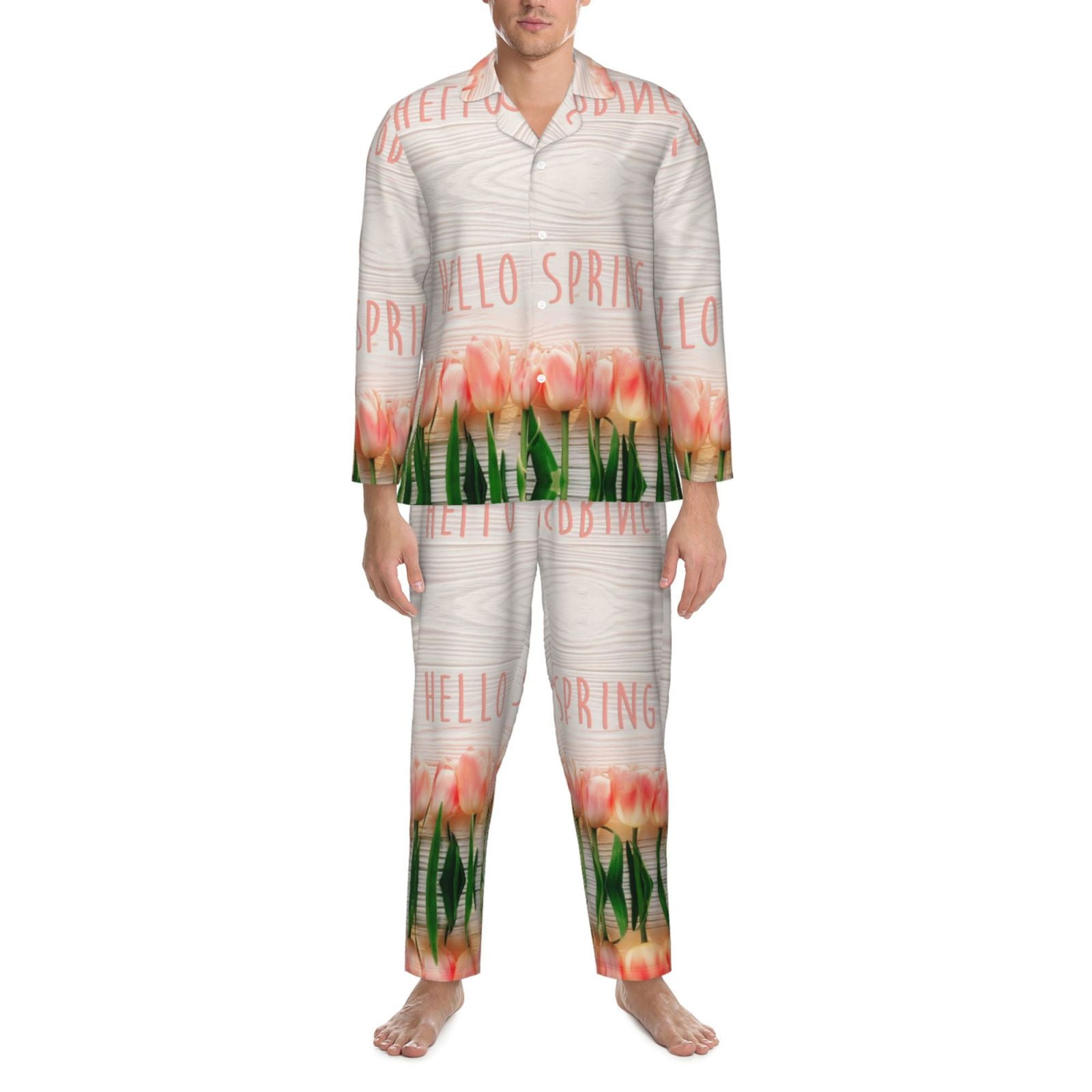 Mens Pajamas Set - Hello Spring Comfy Long Sleeve Button Up Pajama Sets ...