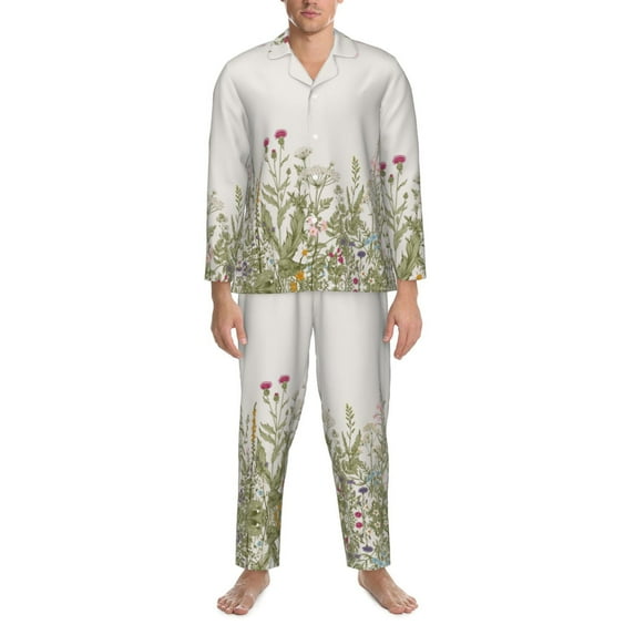 Mens Pajamas Set - Herbs And Wildflowers K Comfy Long Sleeve Button Up Pajama Sets for Men 2 ...