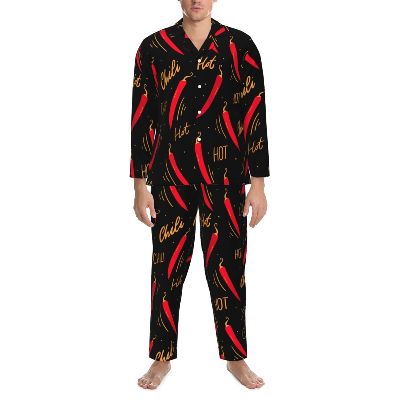Mens Pajamas Set, Hot Chili Button-Down Pajamas for Men Long Sleeve ...