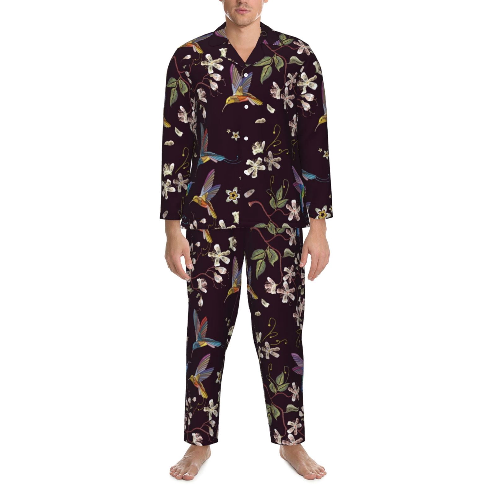 Mens Pajamas Set - Hummingbird Floral Print Black Soft Notched Collar ...