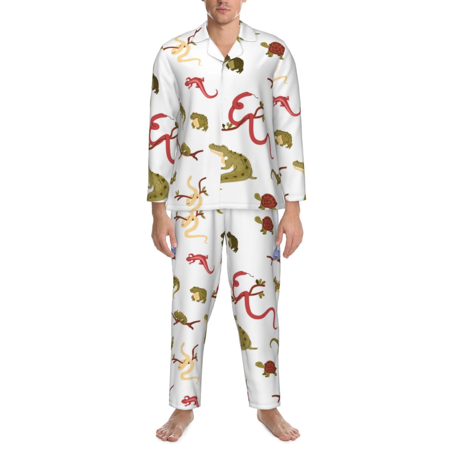 Mens Pajamas Set, Lizard Snake Turtle Crocodile_A Button-Down Pajamas ...