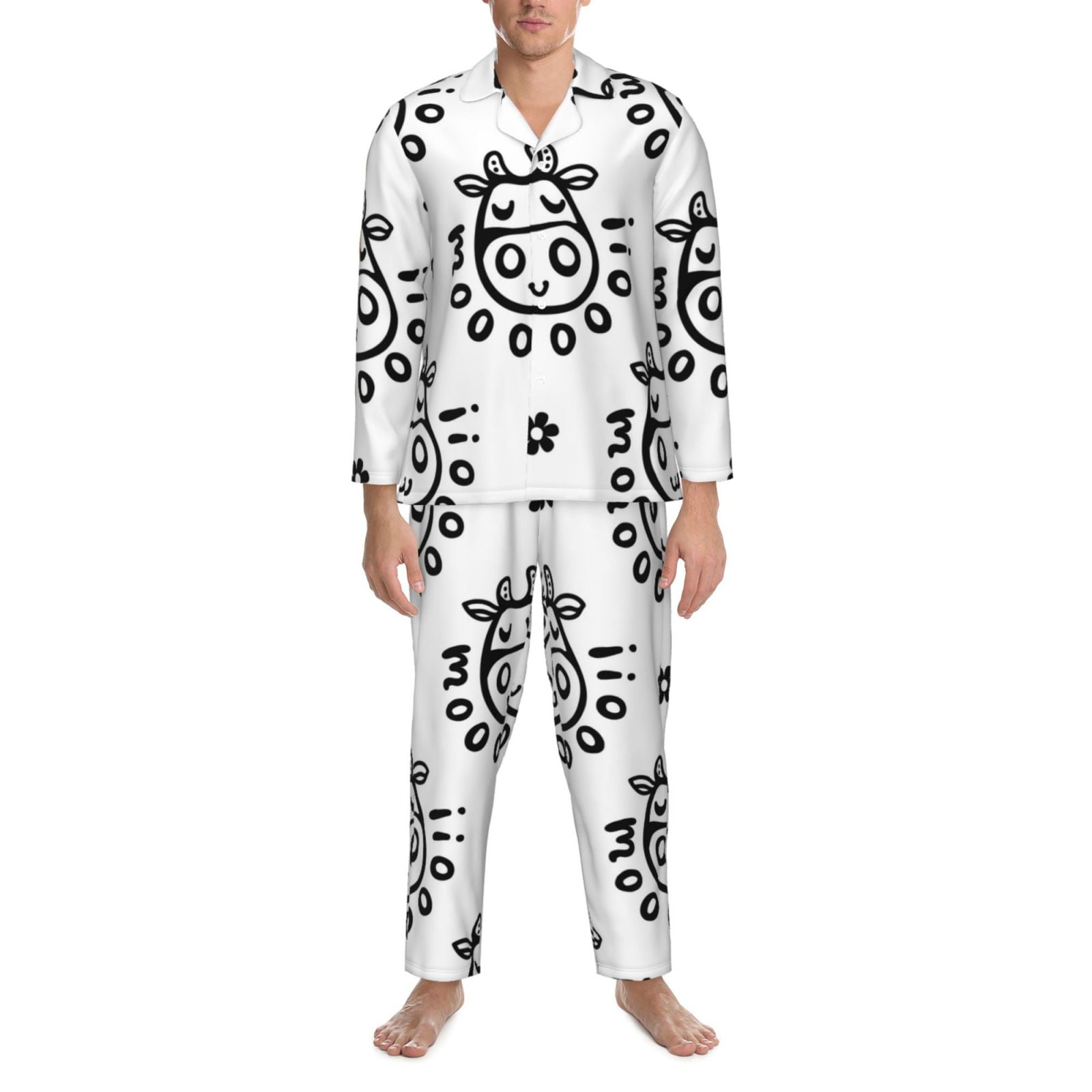 Mens Pajamas Set, Minimalist Lines Cute Cow Head Button Down Long ...