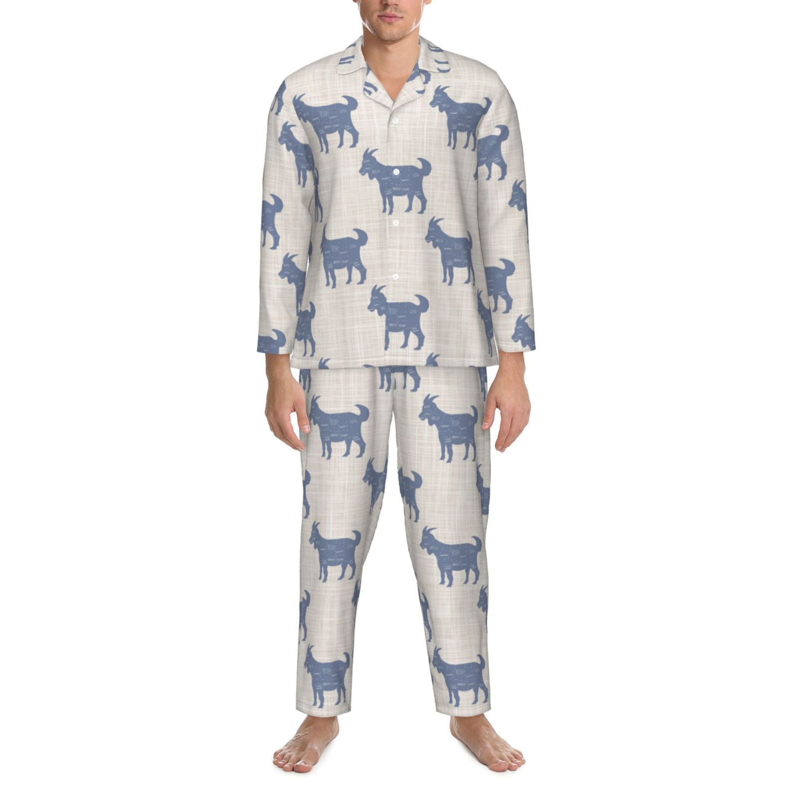 Mens Pajamas Set - Minimalist Plaid Cartoon Cute Goat Soft Comfy Long ...