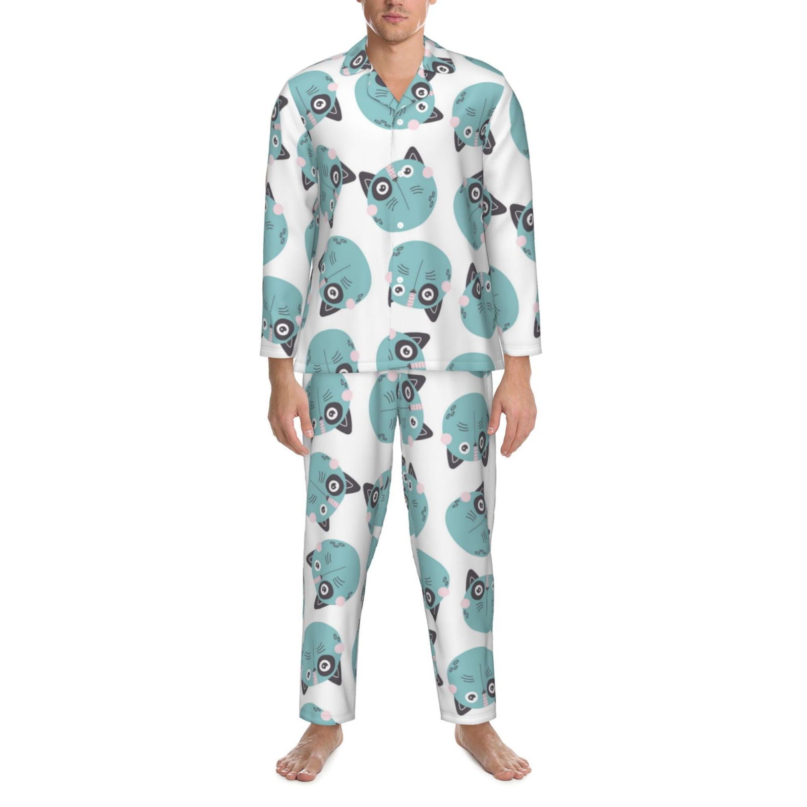 Mens Pajamas Set, Quirky Cartoon Cat Face Button-Down Pajamas for Men ...