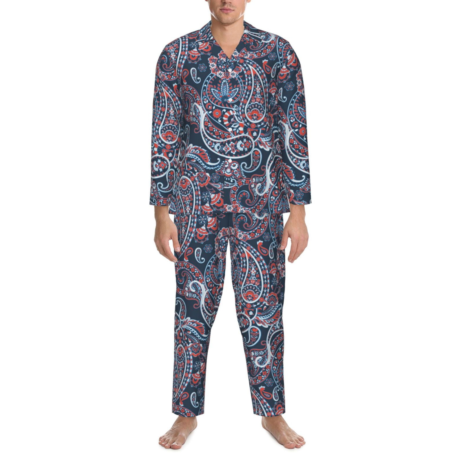 Mens Pajamas Set - Red White Blue Paisley Soft Comfy Long Sleeve Button ...