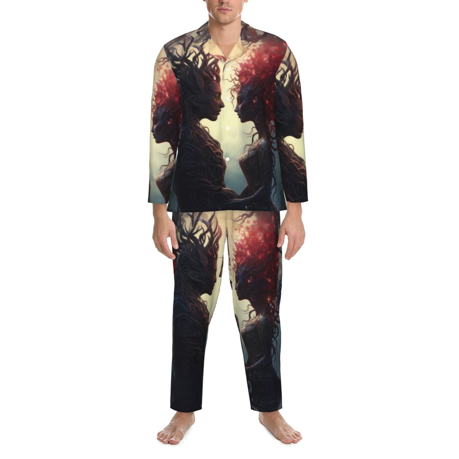 Mens Pajamas Set - Romantic Forest Couple Soft Comfy Long Sleeve Button ...