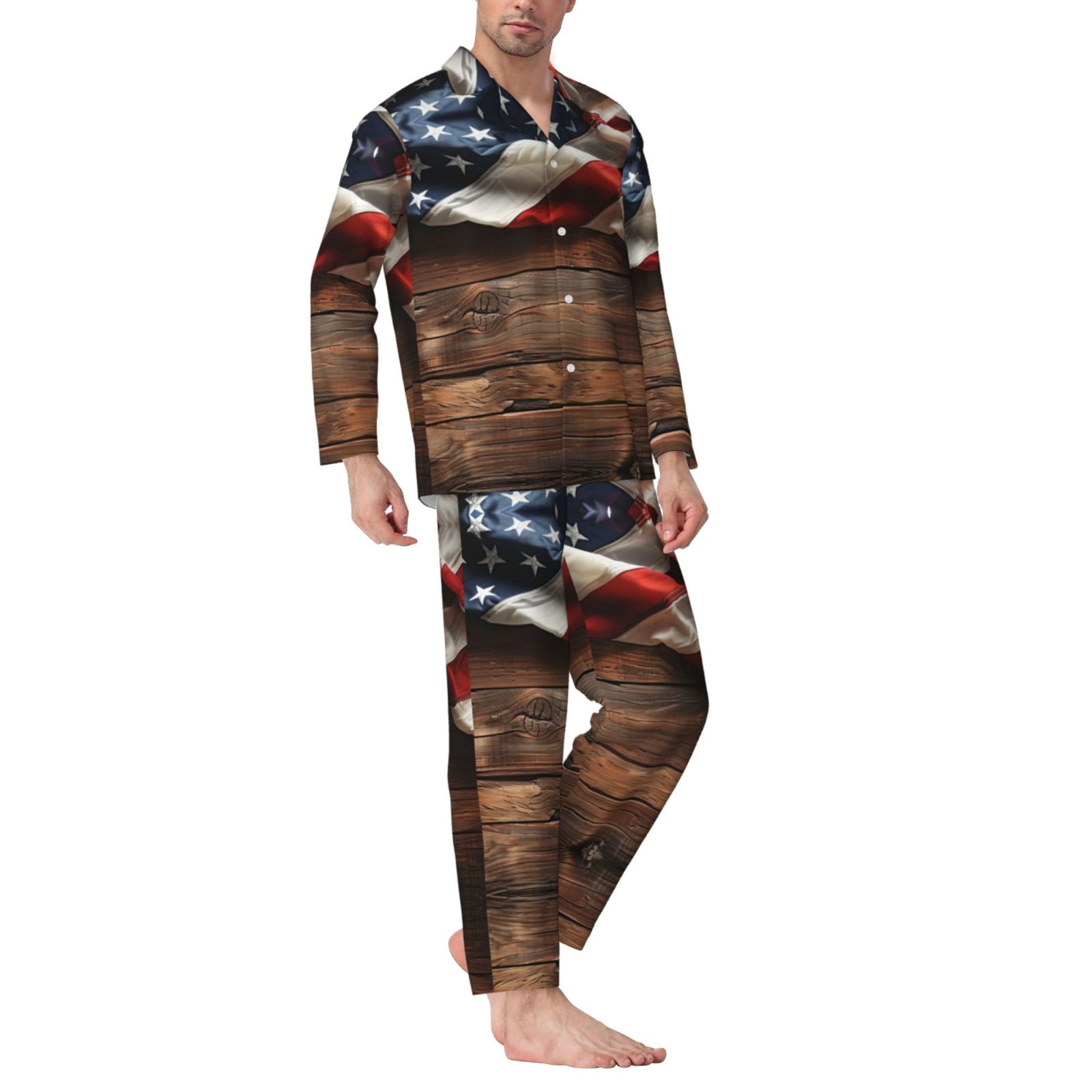 Mens Pajamas Set - Rustic American Flag Wood Comfy Long Sleeve Button ...