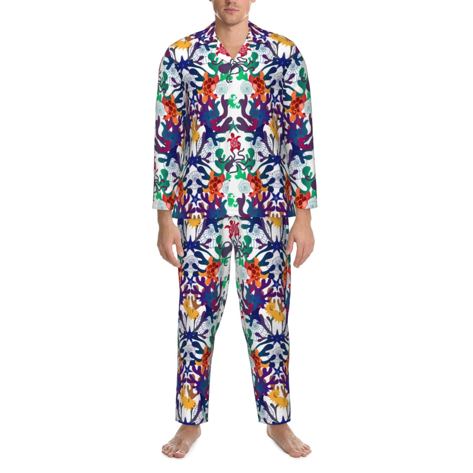 Mens Pajamas Set - Starfish And Turtle Comfy Long Sleeve Button Up ...