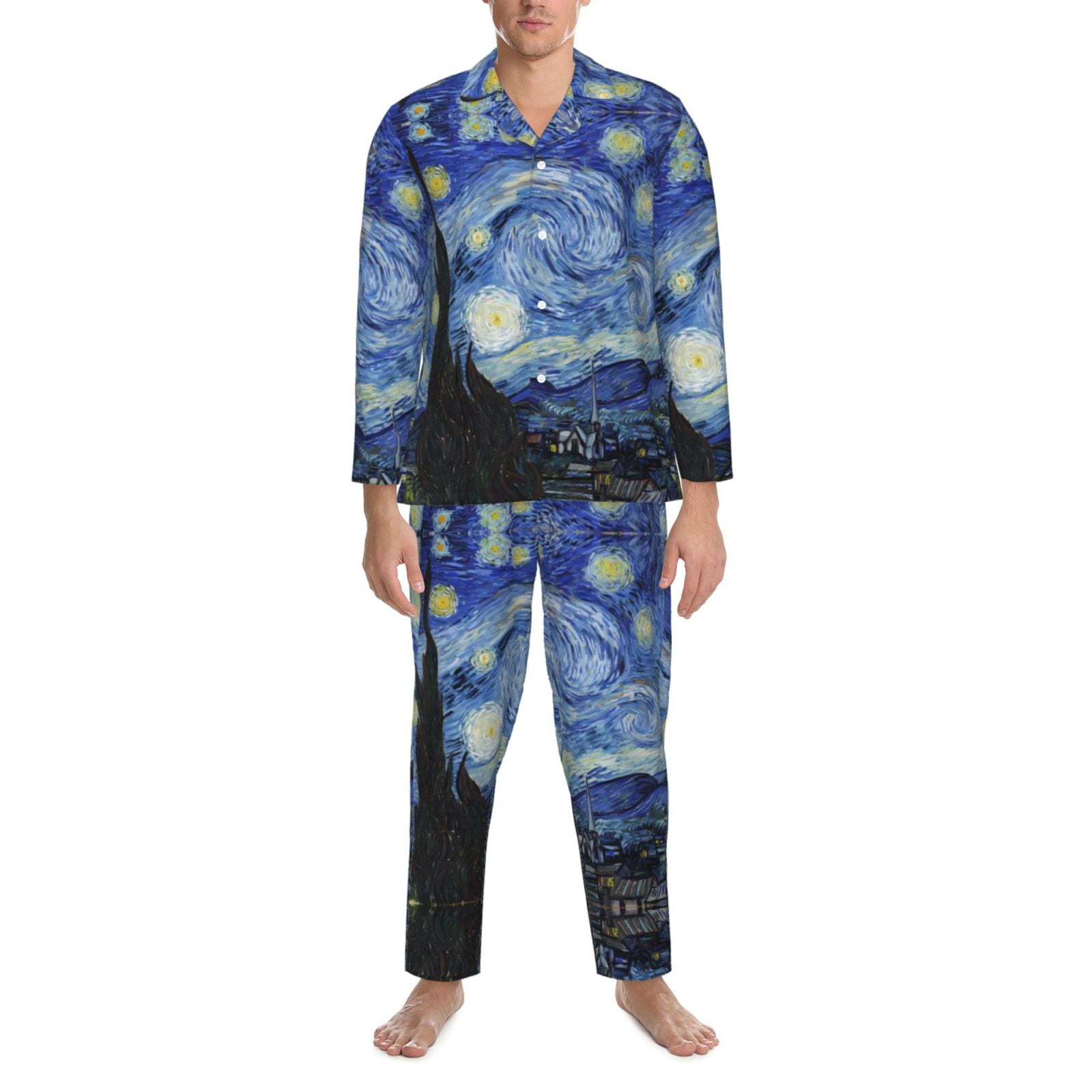 Mens Pajamas Set - The Starry Night Comfy Long Sleeve Button Up Pajama ...