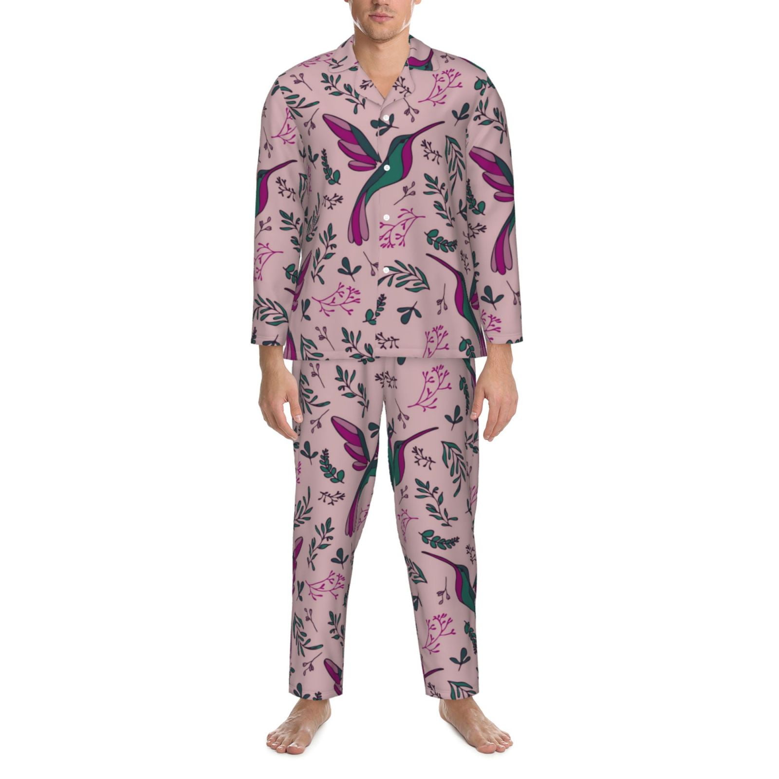 Mens Pajamas Set, Traditional Hummingbird Print Button-Down Pajamas for ...