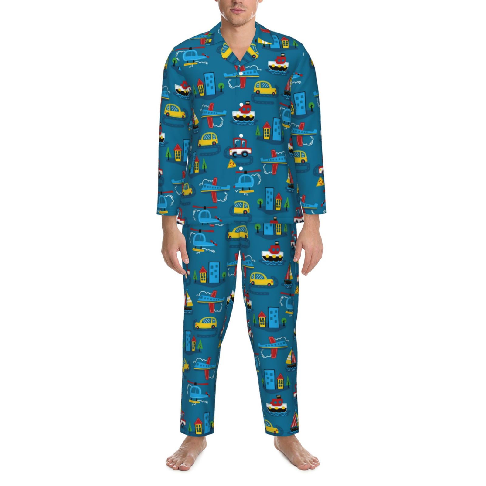 Mens Pajamas Set - Transportations with Buildings Soft Comfy Long ...