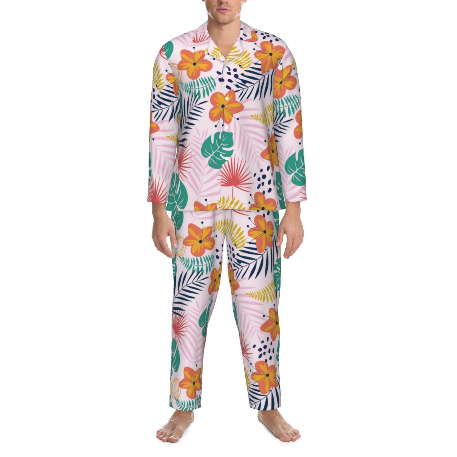 Mens Pajamas Set - Tropical plants Long Sleeve Pajamas for Men, Men's ...