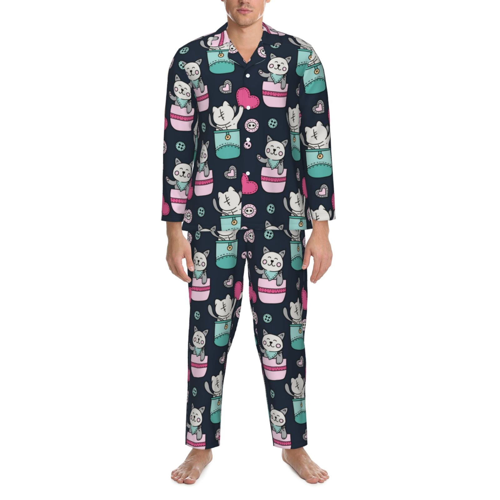 Mens Pajamas Set - Urban Cute Cartoon Cat Heart Soft Comfy Long Sleeve ...