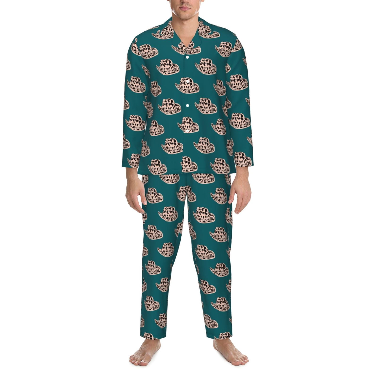 Mens Pajamas Set - Western Cowgirl Hat Cow Print Soft Comfy Long Sleeve ...
