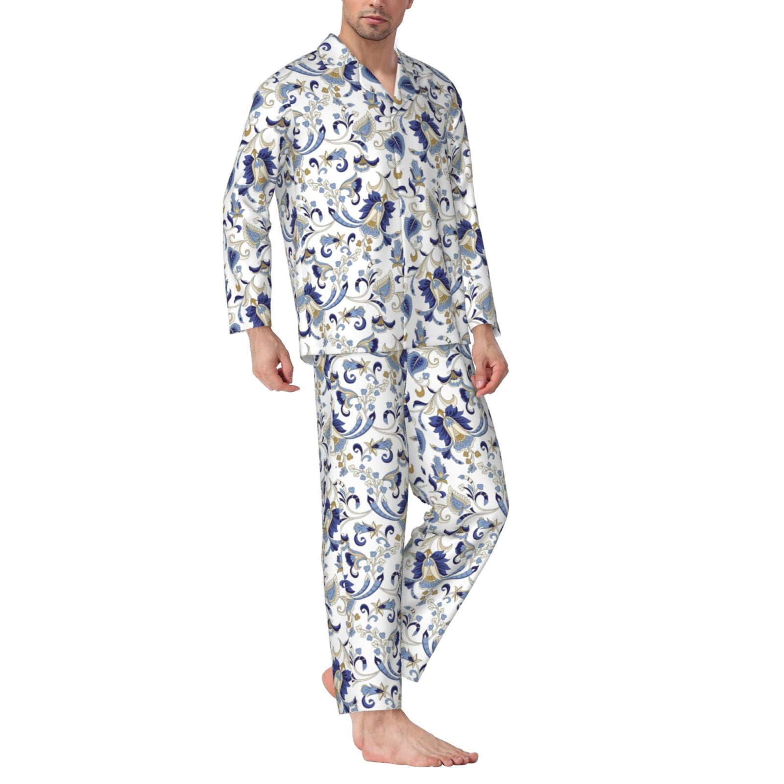 Mens Pajamas Set - White Blue Paisley Comfy Long Sleeve Button Up ...