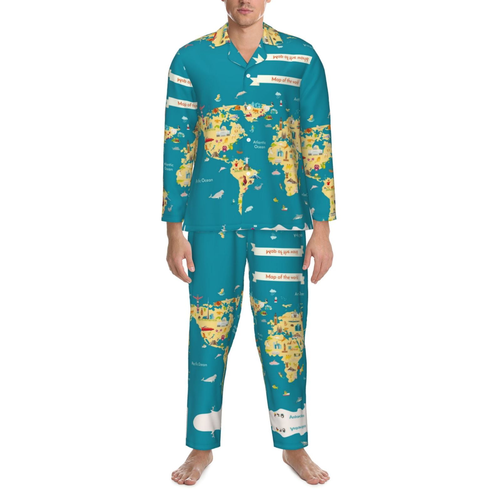 Mens Pajamas Set - World Map With Landmarks Comfy Long Sleeve Button Up ...
