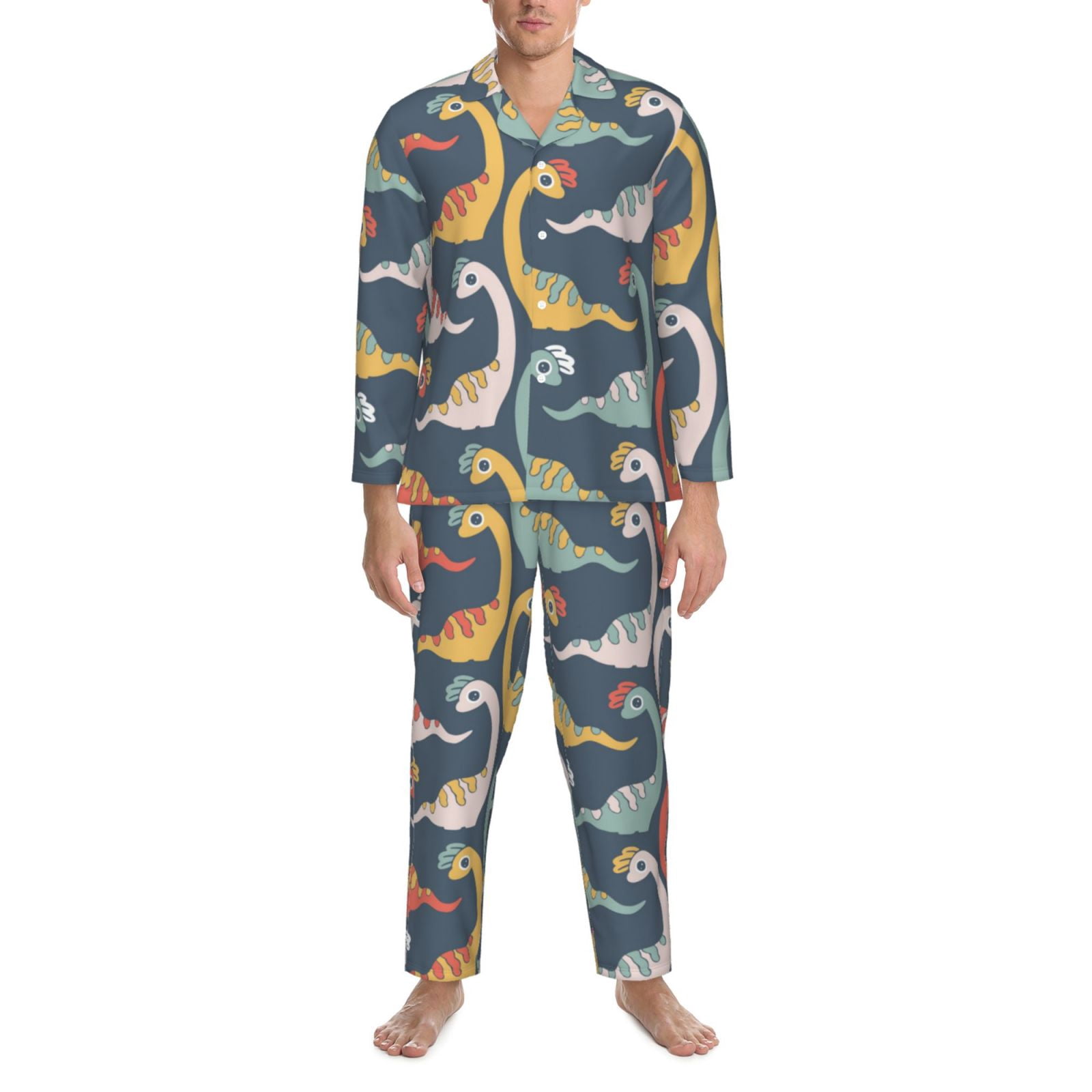 Mens Pajamas Set - cute cartoon Dinosaur A Soft Notched Collar Pajamas ...