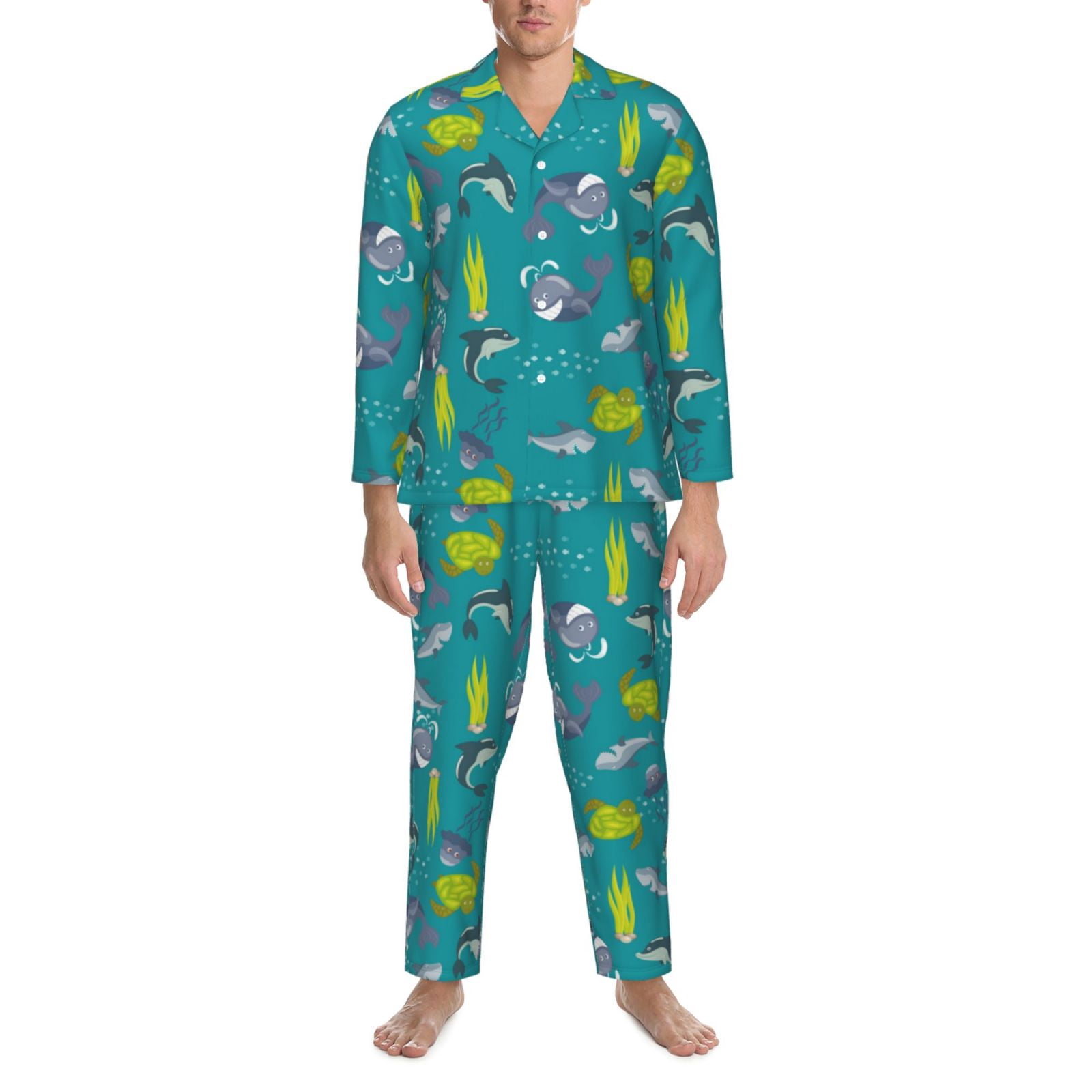 Mens Pajamas Set - cute shark turtle Soft Comfy Long Sleeve Button Up ...