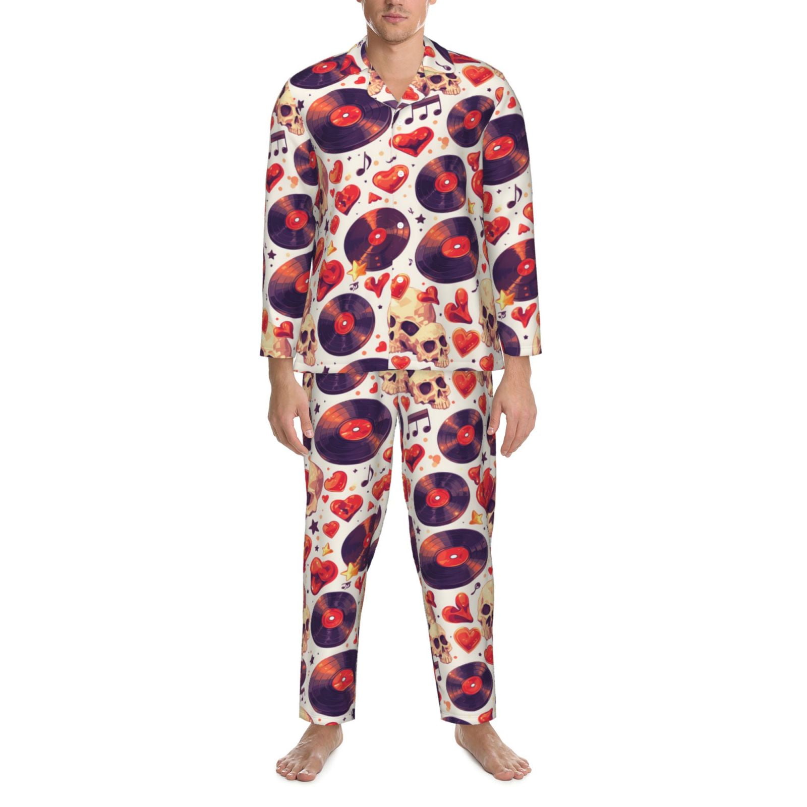 Mens Pajamas Set - rock Skull record heart Soft Comfy Long Sleeve ...