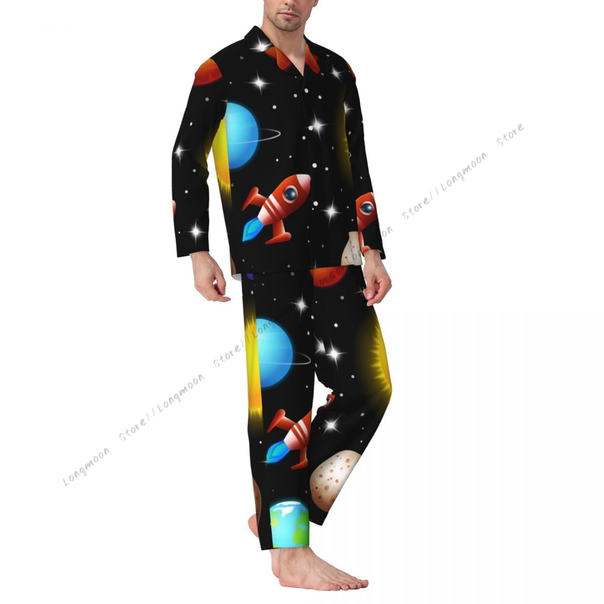 Mens Pajamas Sets Home Suits Cartoon Space Rockets Planets And Stars ...