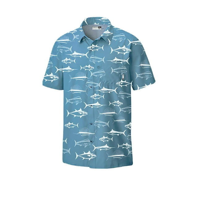 Mens Performance Short Sleeve Button Up Quick Dry Shirt 50+ UPF Fishing Shirt, Slate Game Fish ...
