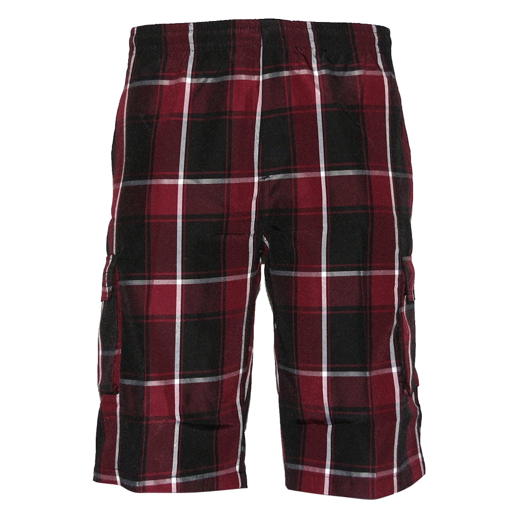 Mens Plaid Cargo Shorts Multiple Pockets Drawstring Lose Fit Red Black ...