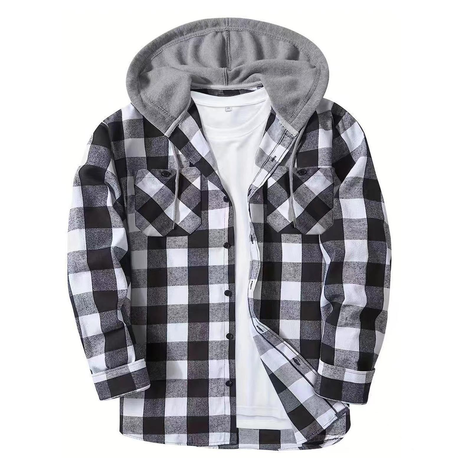 Mens Plaid Shirts Shacket Jackets Button Down Hoodie Outerwear Tops ...