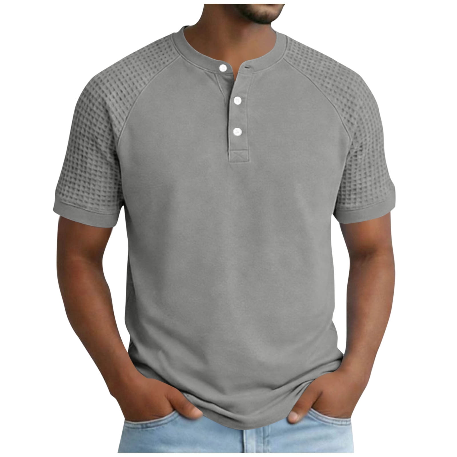 Mens Plus Size Waffle Henley Shirts Raglan Short Sleeve Casual Loose ...