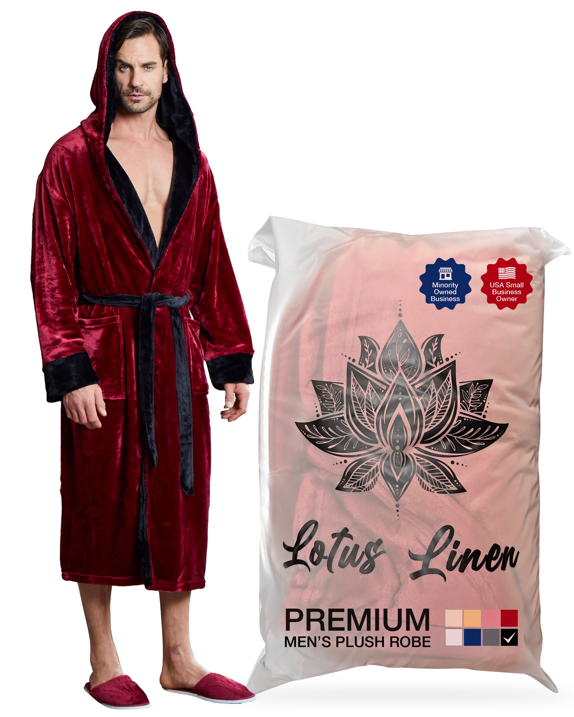 Lotus Linen Mens Plush Hooded Robe - Long Fleece Spa Bathrobe for Men ...