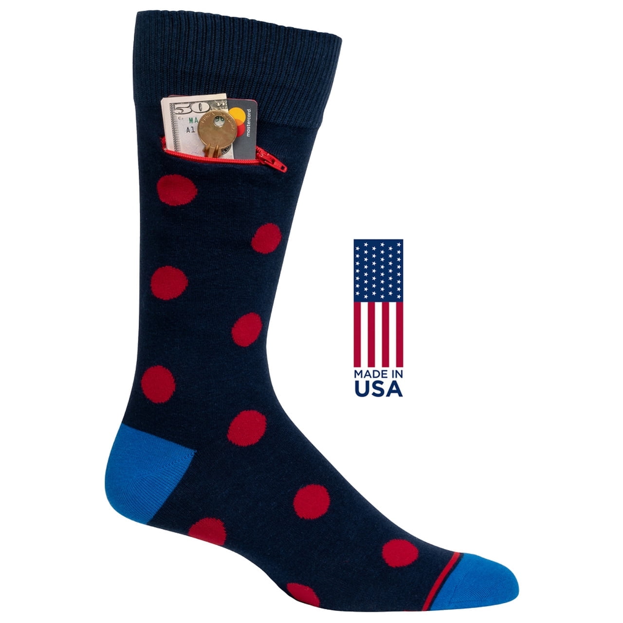 Mens Pocket Socks, Navy with Red Polka Dots, Crew Soft Cotton with ...