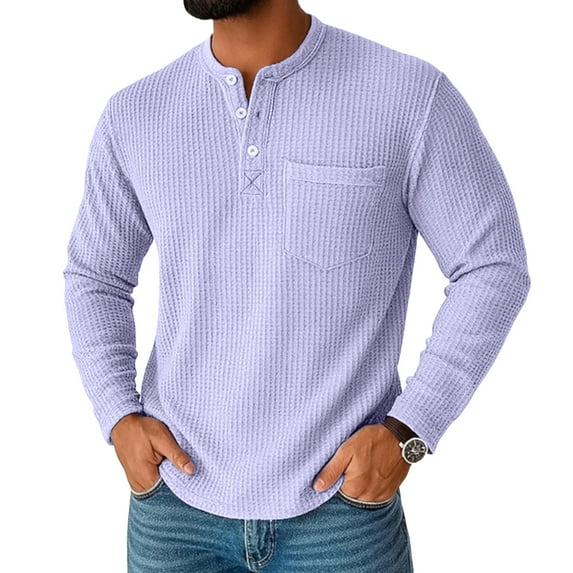 Mens Polo Long Sleeve Shirt Classic Button Basic Solid Color Designed ...