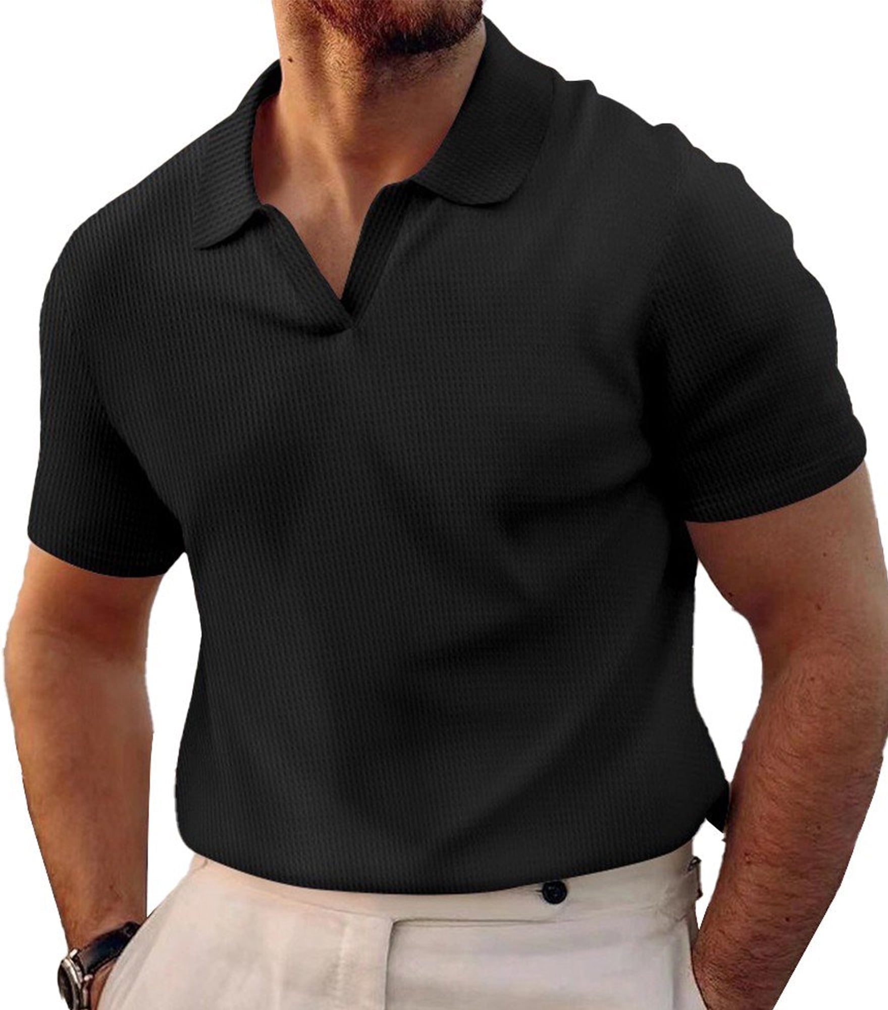 Puztloy Mens Polo Shirts Casual Short Sleeve Lapel Neck T Shirt Classic Button Down Golf Shirts ...