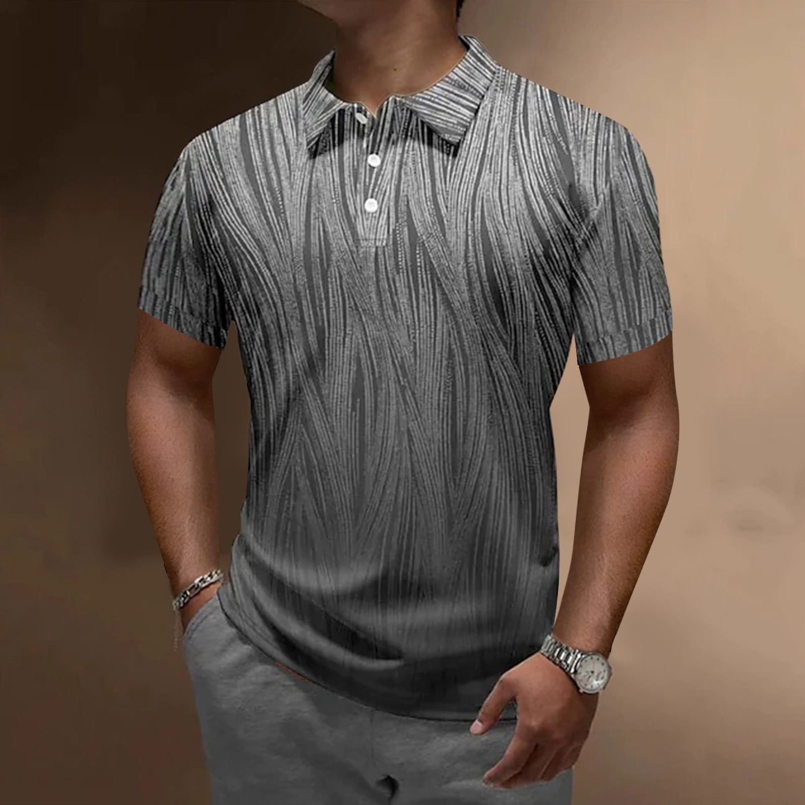 Mens Polo Shirts with Collar Mens Striped Printing Summer Fashion Casual Digital 3D Lapel Button ...