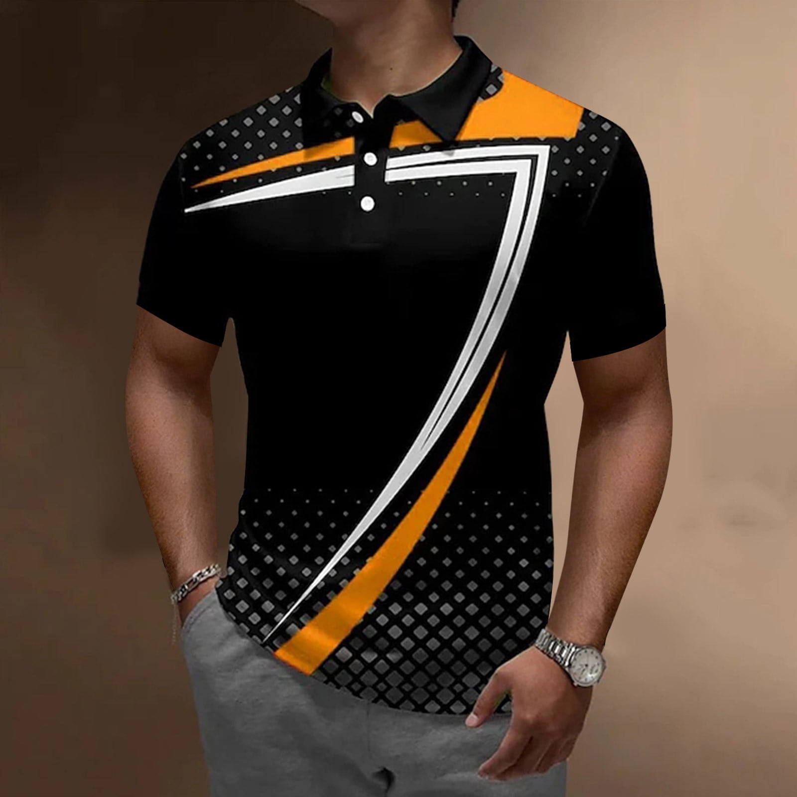 Mens Polo Shirts with Collar Mens Striped Printing Summer Fashion Casual Digital 3D Lapel Button ...